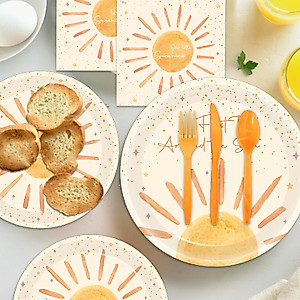 168Pcs Boho First Trip Around The Sun Birthday Decorations- Boho Party Set with Bohemian Hippie Sunshine Theme Party Tableware Decorations Including Plates,Cups,Napkins,Baby Shower Party for 24 Guests