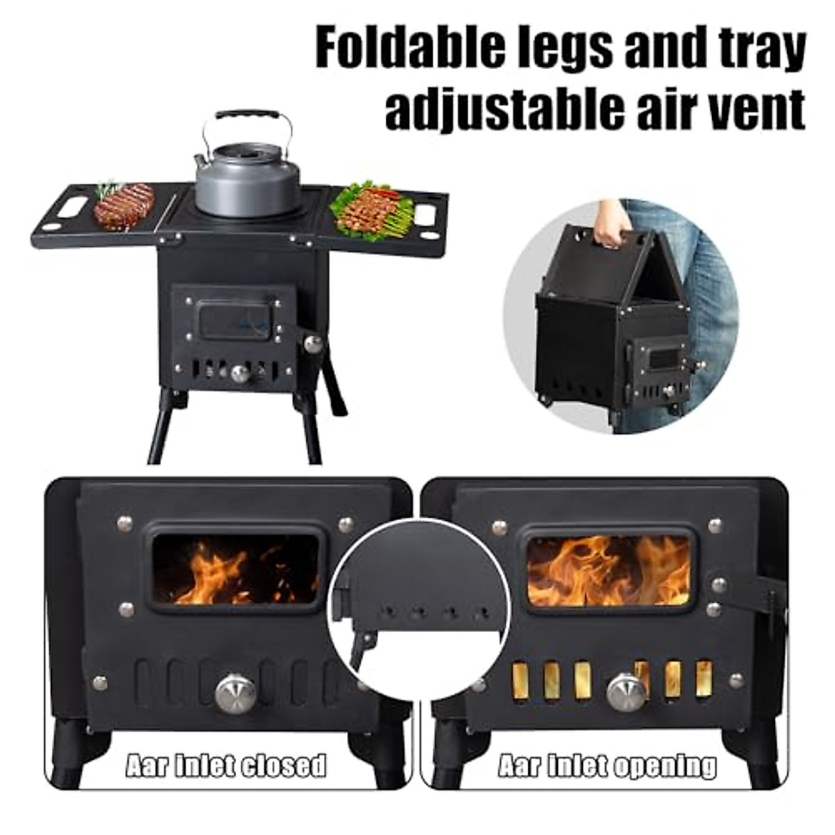 Kcelarec Camping Tent Stove with Chimney Damper | Folding Camping Wood Burning Stove Grill for Outdoor Cooking | Stainless Steel Grill