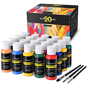 Magicfly Acrylic Paint Set (2fl oz/60ml), 20 Colours Outdoor Acrylic Paint with 3 Paint Brushes, Waterproof, Non-Toxic Craft Paints for Canvas, Wood, Rocks, Fabric, Leather, Ceramic and Model