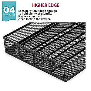 JANE EYRE Utensil Drawer Organizer, Cutlery Tray Silverware Flatware Storage Divider for Kitchen, Mesh Wire with Non-slip Foam Feet, 5 Component, Black