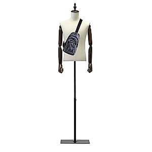 Male Mannequin Torso with Metal Stand and Wooden Arms , Dress Form Male Height Adjustable 53-76inch, Pinnable Torso Display for Clothing Retail Sewing Shop (without holders)