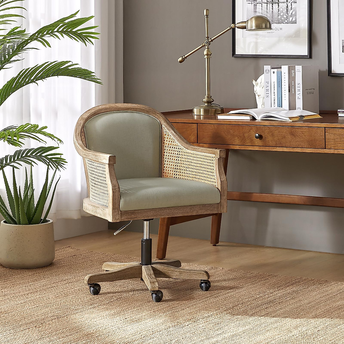 TINA'S HOME Rattan Desk Chair, Upholstered Home Office Chair with Armrest, Adjustable Swivel Rolling Height Computer Task Chair for Living Room Bedroom Study Room, Linen