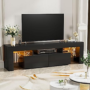 YESHOMY Modern LED TV Stand for Televisions up to 70 Inch with Glass Shelves and Drawer, Gaming Entertainment Center with Multiple Dynamic RGB Modes, for Livingroom, Bedroom, 60 Inch, Black