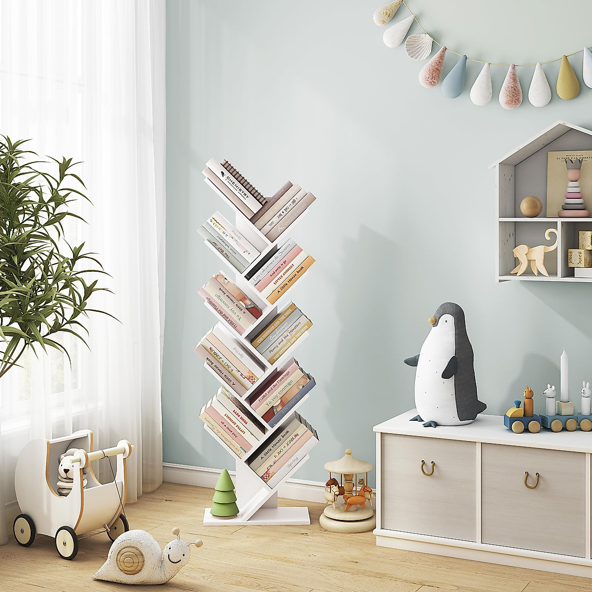 Hoctieon 10 Tier Tree Bookshelf, 10 Shelf Bookcase, Free Standing Tree Bookcase, Display Floor Standing Shelf for Books, Book Shelf Organizer, White