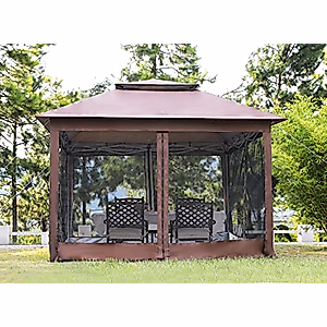 10'x10' Pop Up Gazebo Outdoor Canopy Gazebo Patio Canopy Gazebo with Mosquito Netting Double Roof Tops for Outdoor Garden Backyard and Patio,Brown