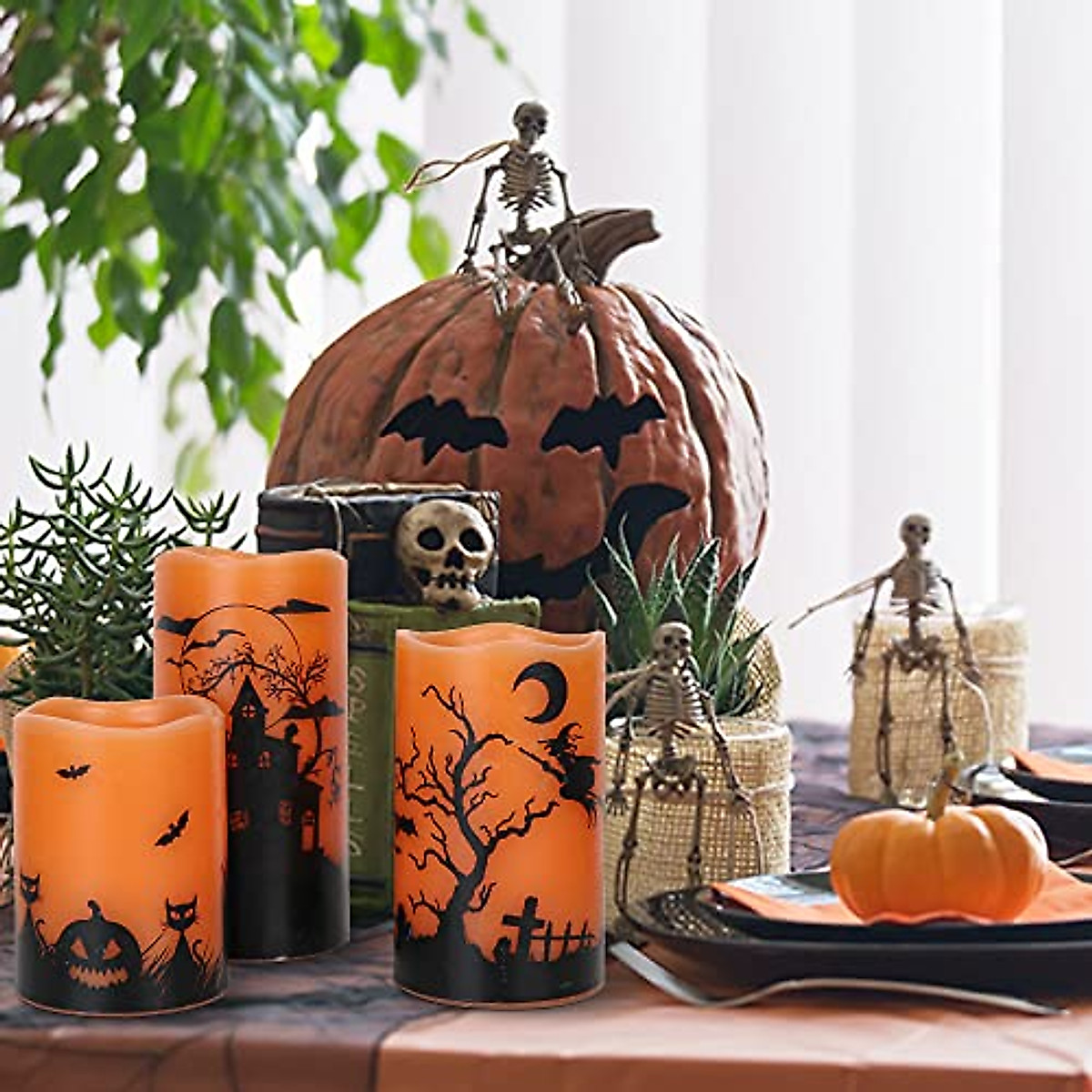 Wondise Halloween Flickering Flameless Candles with 6 Hour Timer, Battery Operated LED Real Wax Candles Set of 3 Halloween Home Decoration Gifts(3 x 4 5 6 Inch)