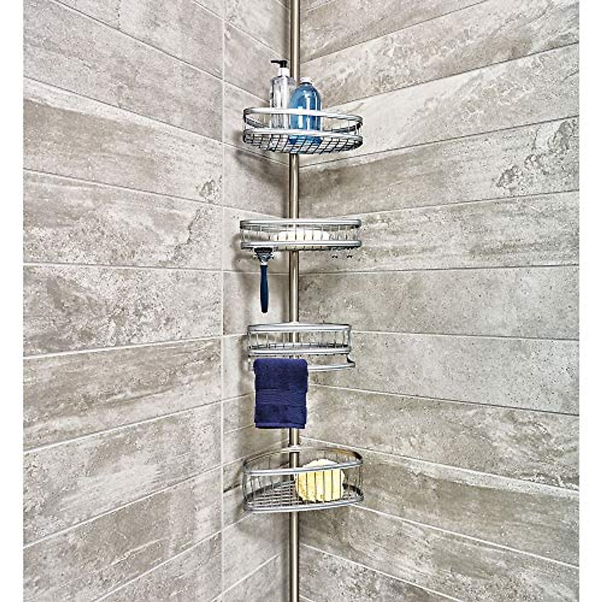 iDesign York Metal Wire Tension Rod Corner Shower Caddy, Adjustable 5'-9' Pole and Baskets for Shampoo, Conditioner, Soap with Hooks for Razors, Towels, Silver