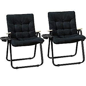 KINGBO 2 Pack Folding Camping Chairs - Portable Camp Chairs with Cushion and Cup Holder, Folding Lawn Chairs and Beach Chairs for Adults, Heavy Duty Folding Chairs for Outside Camping Fishing, Black