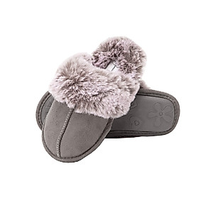 Jessica Simpson Girls Comfy Slippers - Cute Faux Fur Slip-On Shoes Memory Foam House Slipper, Grey, X-Large Little Kid