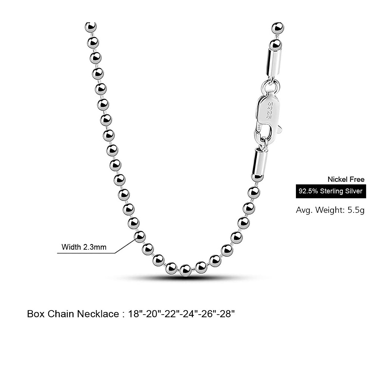 Meilanduo Solid 925 Sterling Silver 2.3mm Ball Bead Chain Necklace 18, 20, 22, 24, 26, 28 Inch for Women & Men (28")