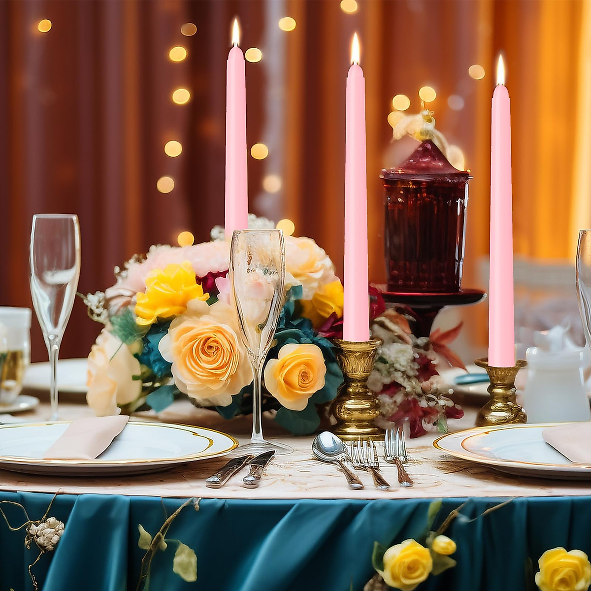 Thleunei 12 Pack Pink Taper Candles 10 Inch - Dripless, Smokeless, Unscented Taper Candle - 8 Hours Long Burning Suitable for Any Candlesticks - Ideal for Weddings Dinner Parties and Home Decor