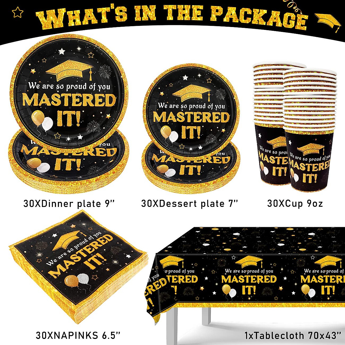 2024 Graduation Decorations Black and Gold Graduation Plates Class of 2024 Mastered It Disposable Paper Dinnerware Set for College High School Graduation Party Serve 30