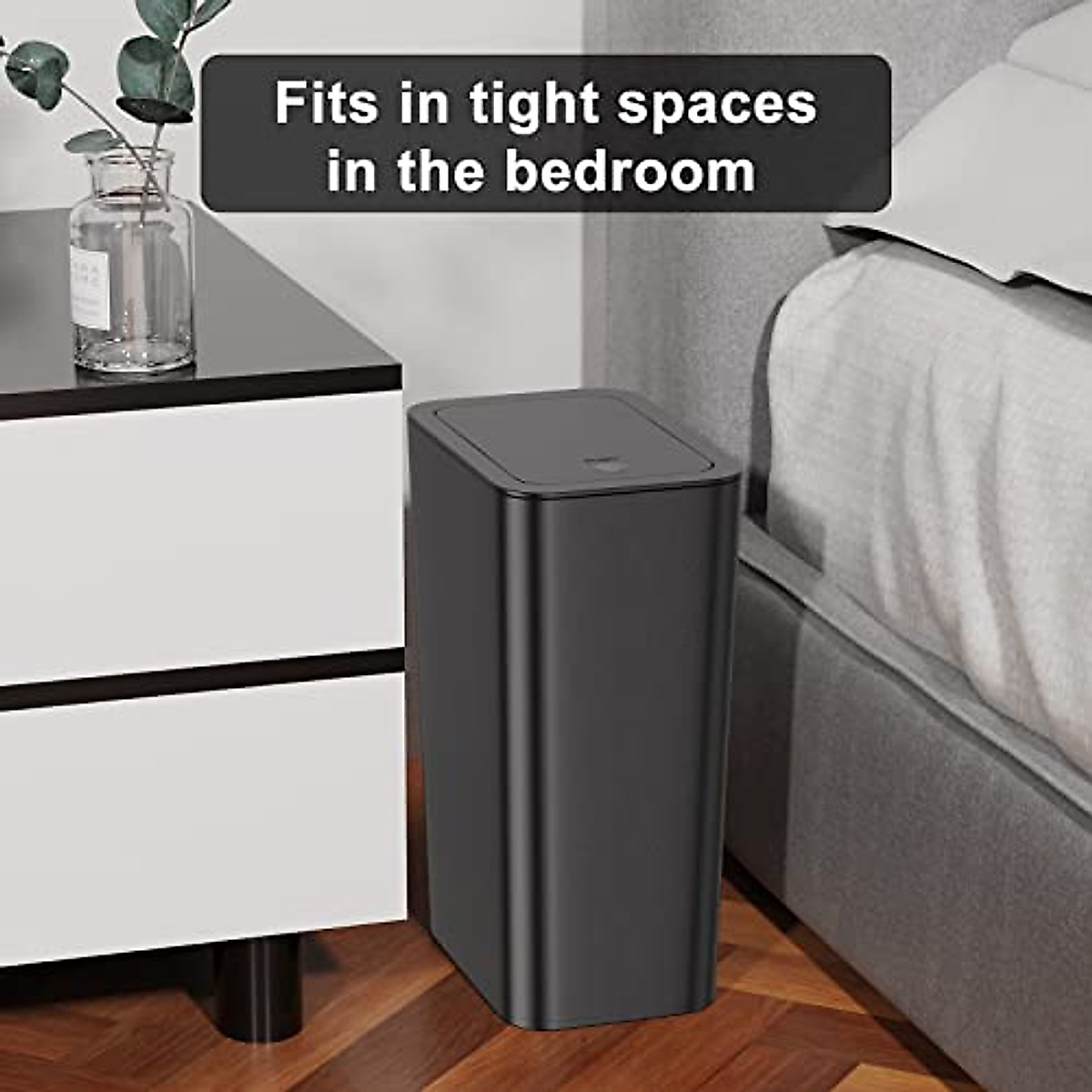 NetDot Bathroom Trash Can with Lid 3 Pack Set, 2 Packs 3.4 Gal 13L Slim Kitchen Trash Can and 1 Pack 2.6Gal 10L Garbage Can, Small Trash Can/Trash Bin/Waste Basket for Bedroom (Black, Pack of 3)