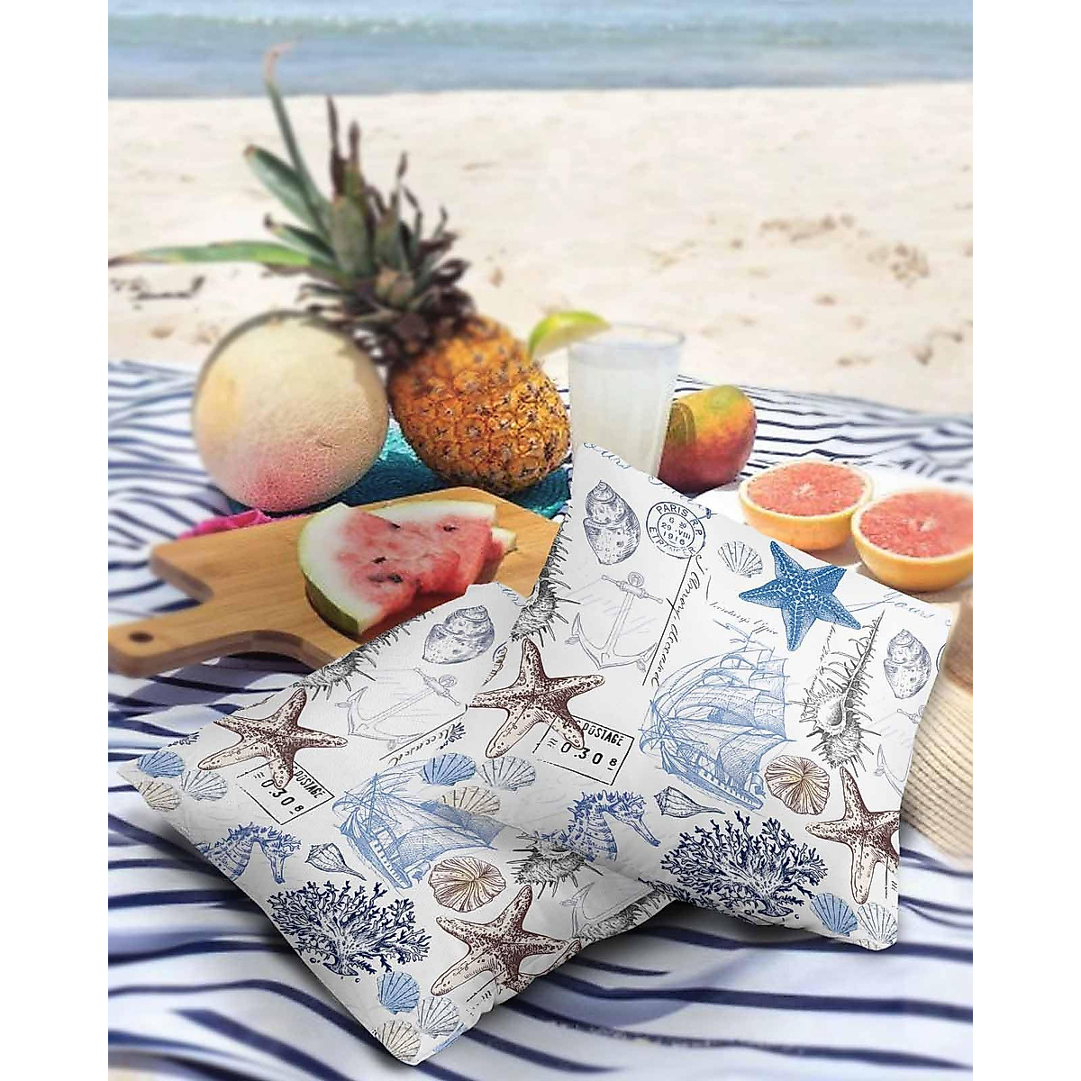 Outdoor Waterproof Pillow Covers Set of 2, Nautical Theme Marine Sail Boat Beach Starfish Shell Seashell Patio Throw Pillow Covers, Decorative Cushion Case for Couch Sofa Furniture Garden, 20x20 Inch