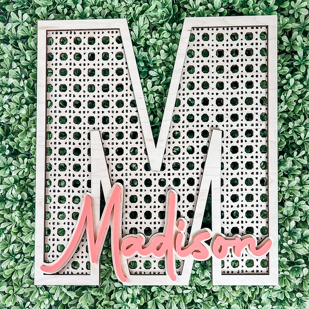 Custom Boho Wood Personalized Initial & Name Sign, 3D Layered Letter Handmade Rattan Wall Decor for Nursery or Child's Bedroom - Baby Shower, Newborn, Girl or Boy's Birthday Gift