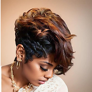 BeiSD Short Black Wig with Mixed Brown Bangs Natural Short Haircuts for Women Synthetic Short Wigs for Black Women… (7319)