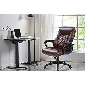 Executive Office Chair 350lbs - Adjustable Built-in Lumbar Support, Leather Office Chair with Spring Cushion, Computer Desk Chair with Padded Armrest, 360° Swivel Chair for Home and Office (Brown)