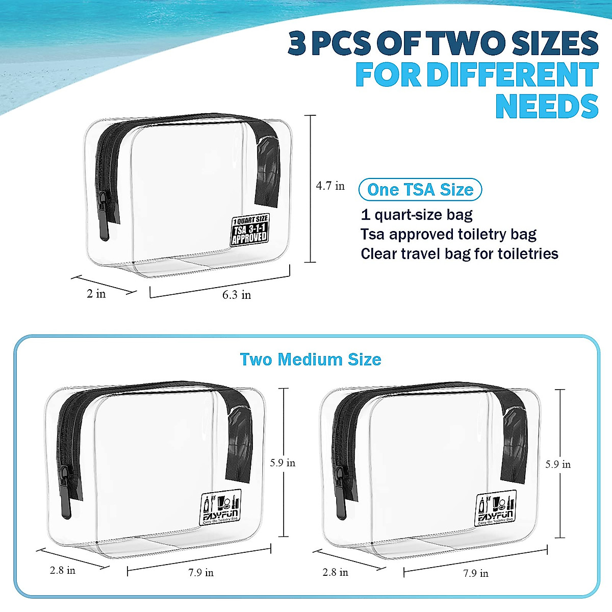 EASYFUN TSA Approved Toiletry Bag Clear Quart Bag Travel Makeup Bags 3 PCS Travel Accessories Small Cosmetic Pouch With Zipper Carry On Airport Airline Quart Size For Men Women