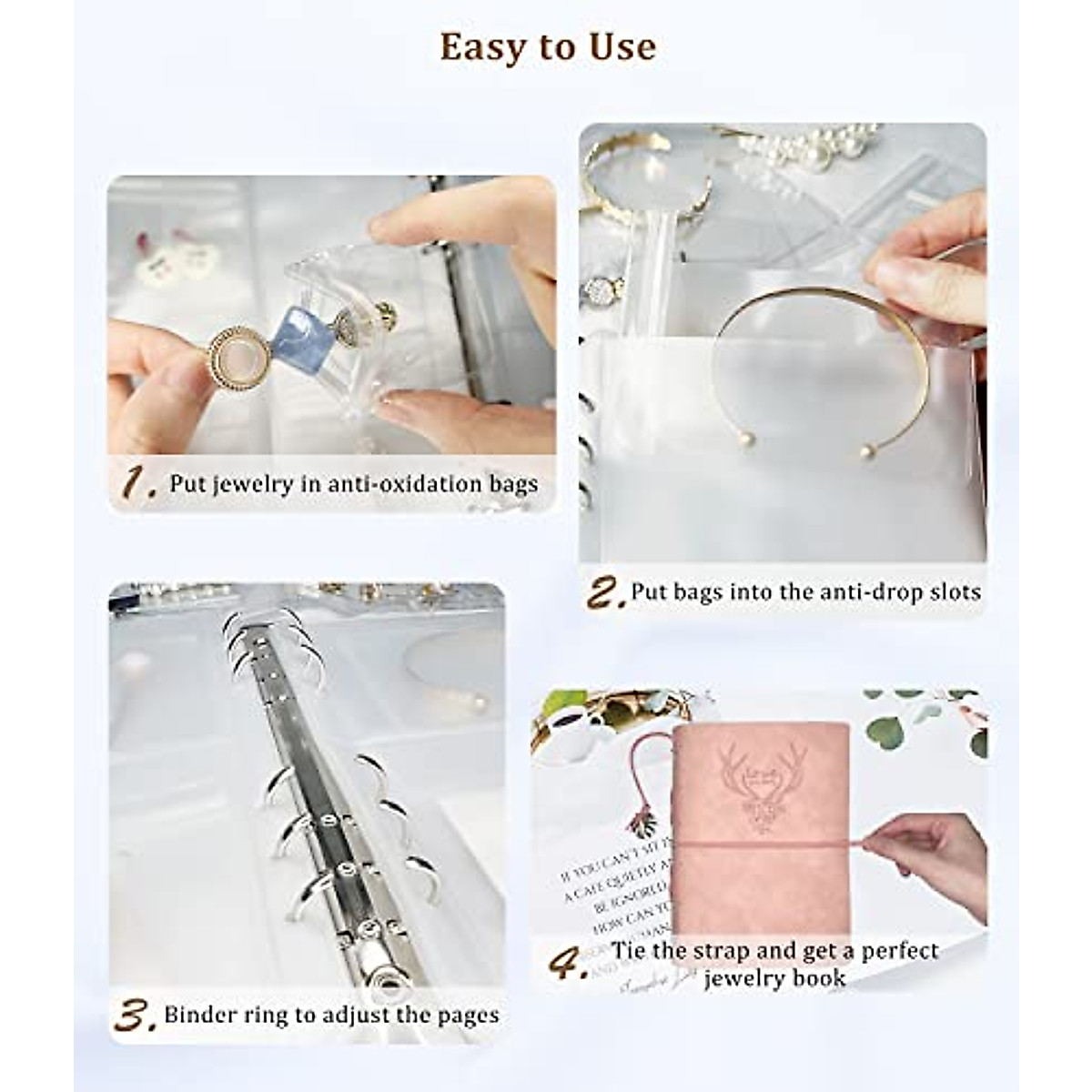 Verkigle Travel Jewelry Organizer, A5 Binder Jewelry Storage Book with Pockets, Foldable Earring Holder with Clear Jewelry Bags for Ring, Studs and Bracelet(70 Grids+70 Thicken PVC Bags)