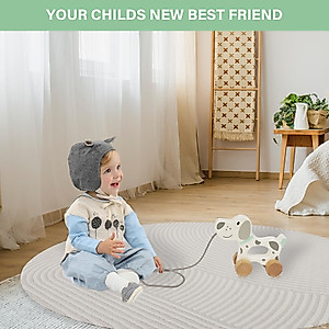 WoodenEdu Baby Toys Car,Wooden Pull Along Toddler Toy, Developmental Toy for 1 Year Old Girl Boy Birthday Gift (Dog)
