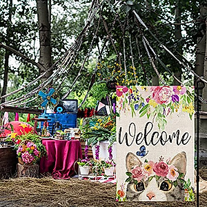 Cat Garden Flag Welcome 12 x 18 inch Flower Butterfly Yard Outdoor Decoration Burlap Spring Garden Flag DF032