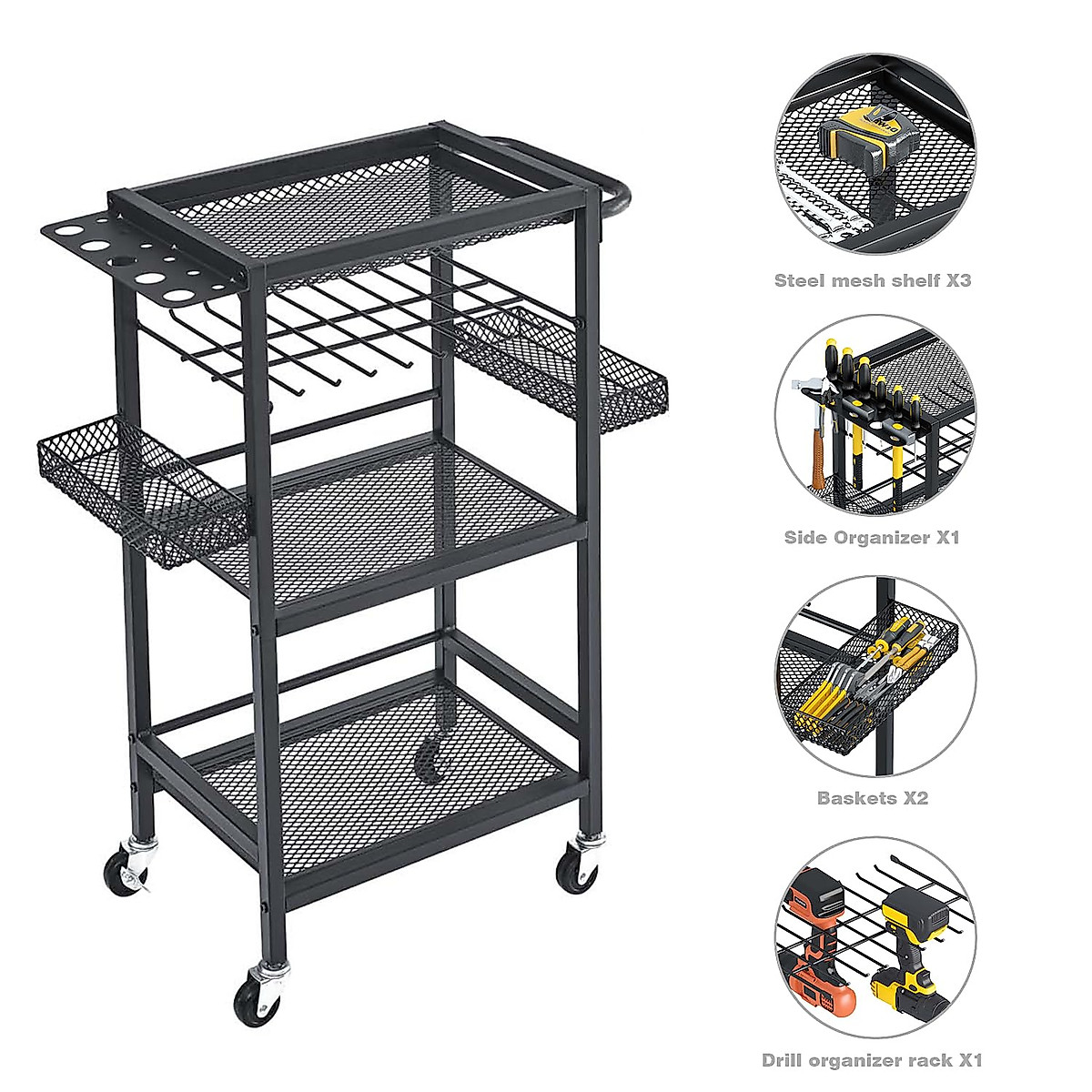 Power Tool Organizer Cart with Wheels, Garage Tool Shelf Drill Holders Garage Storage Organization Shelves with Screwdriver Heavy Duty Rack for Workshop Tool Room and Outdoors Working
