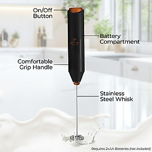 Zulay Powerful Milk Frother Wand - Mini Milk Frother Handheld Stainless Steel - Battery Operated Drink Mixer for Coffee, Lattes, Cappuccino, Matcha - FrothMate Milk Frother Gift - Black & Copper