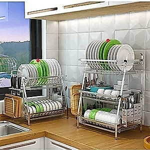 Plate Rack Dish Drainer Rack Kitchen Supplies Storage Draining with Chopsticks/Knives/Cutting Board Holder Drainboard Pan Plate Holder (Color : Silver, Size : 3-Tier)
