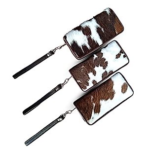 Real Cowhide Wallet for Women Slim Wallet Bifold Tricolor Brown Leather Zipper Clutch Purse Cow Fur Purse Wallet Wristlet - Gifts for Her