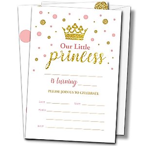 Buildinest Princess Birthday Party Invitations with Envelopes (20-Pack), 4"x6" Pink and Gold Birthday Invitation Cards, Fill-in Style Party Invites-B11