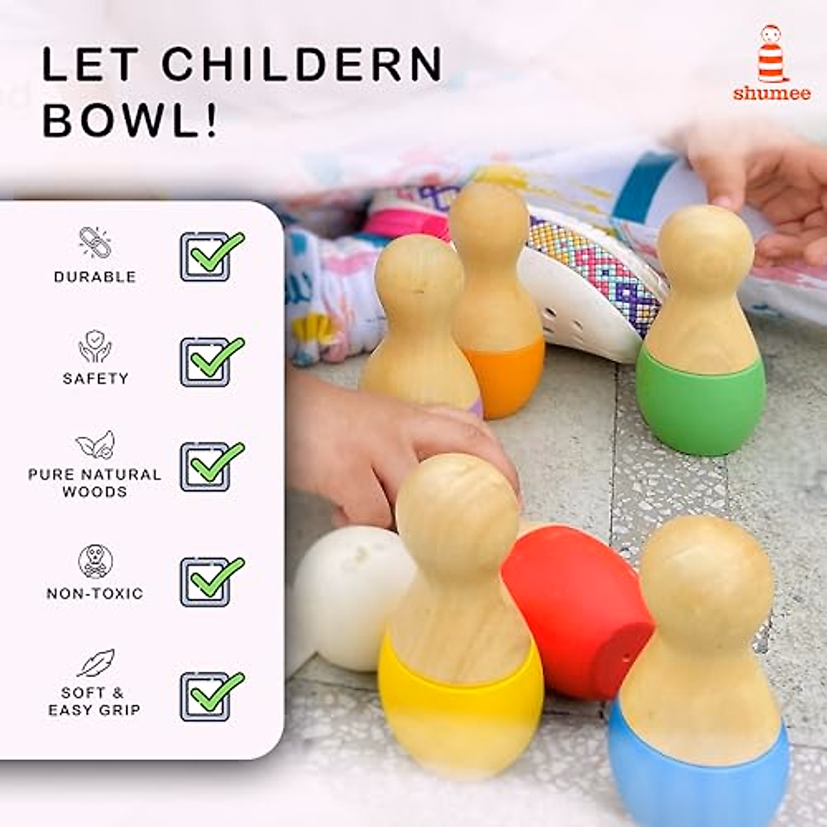 Shumee Wooden Bowling Set for 2 3 4 5 6+ Year Old Kids | Indoor Toddler Toys | Gifts | Family Party Games | Holiday | 6 pins & 1 Ball | Child Safe & Non Toxic