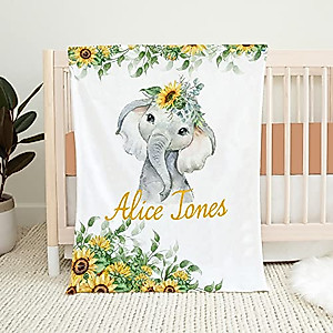 PUREFLY Personalized Baby Blankets with Name for Girls-Custom Name Baby Blanket for Girls, Customized Elephant Floral Sunflowers Toddler Baby Fleece Blankets for Girls Boys Gifts for Newborn Infant