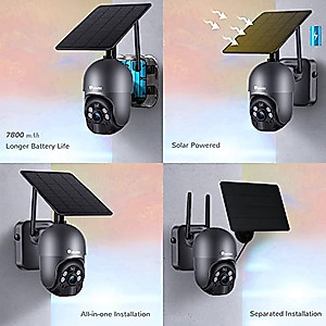 Ctronics 3MP Solar Security Camera Wireless Outdoor WiFi, PTZ Surveillacne Camera Battery-Powered for Home Security, 360° View, Spotlight Color Night Vision, PIR Human Detection, 2-Way Audio (Grey)