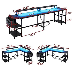 Gyfimoie L Shaped Desk with Power Outlet and LED Strip, 94'' Reversible Corner Computer Gaming Desk with Monitor Stand and Shelves, 2 Person Home Office Desk with Storage Bag and Hooks (Black)