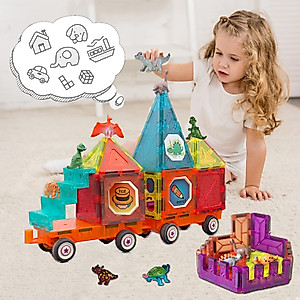 Magnetic Tiles Building Blocks with 4 Cars Magnet Train Set for Kids Construction STEM Toy Preschool Educational Creativity Learning Brithday Gift for Girls Boys Toddlers 3 4 5 6 7 8