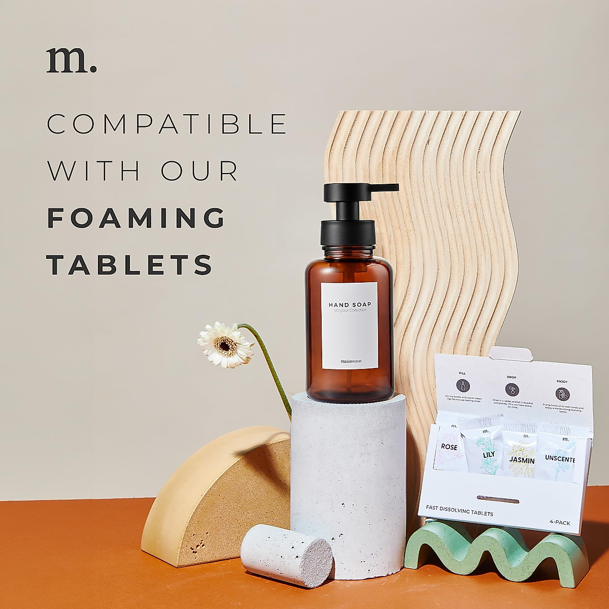 MaisoNovo Glass Foaming Hand Soap Dispenser 14 Oz | Amber Foaming Soap Dispenser Black Plastic Pump x 1 w/Labels