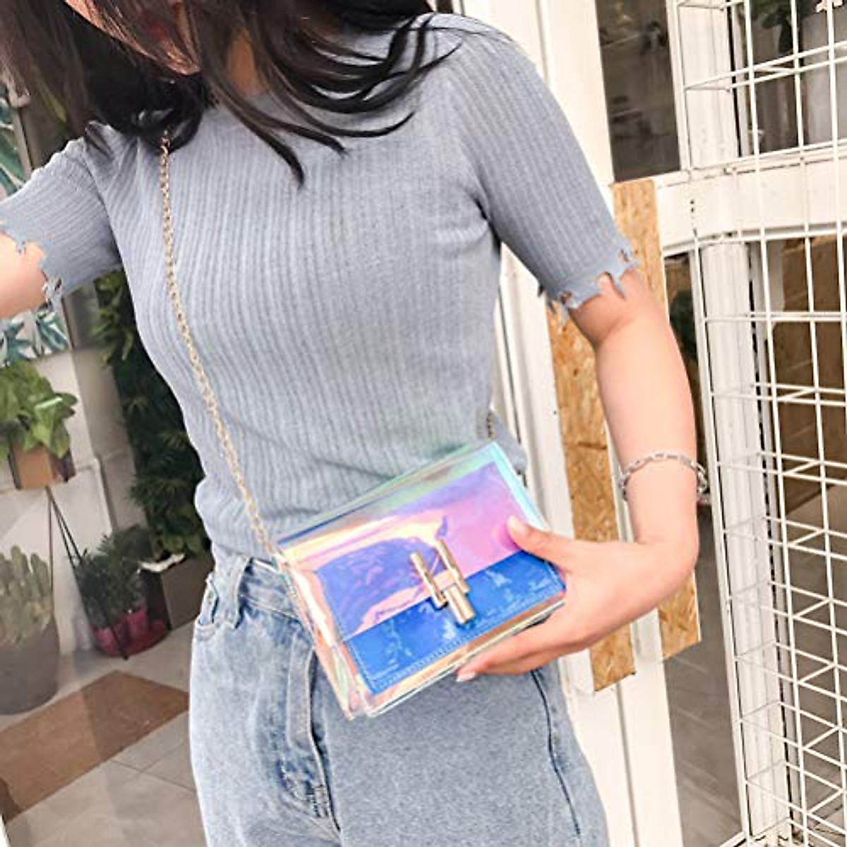 VALICLUD Holographic Clear Crossbody Chain Purse Transparent Iridescent Shoulder Handbag Small Jelly Tote Bag for Women
