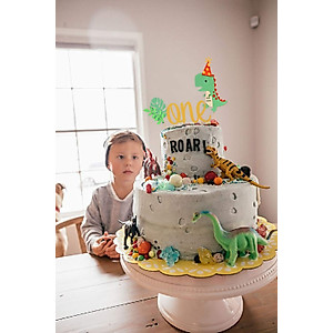 LaVenty Gold Dinosaur First Birthday Decoration Dinosaur One Cake Topper Dinosaur 1st Birthday Cake Topper for Boy Dinosaur Birthday Party Decoration