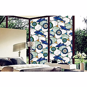 Emoyi Painted Dolphins Static Cling Window Film Privacy Glass Film for Office Bedroom Bathroom 17''X78.7''