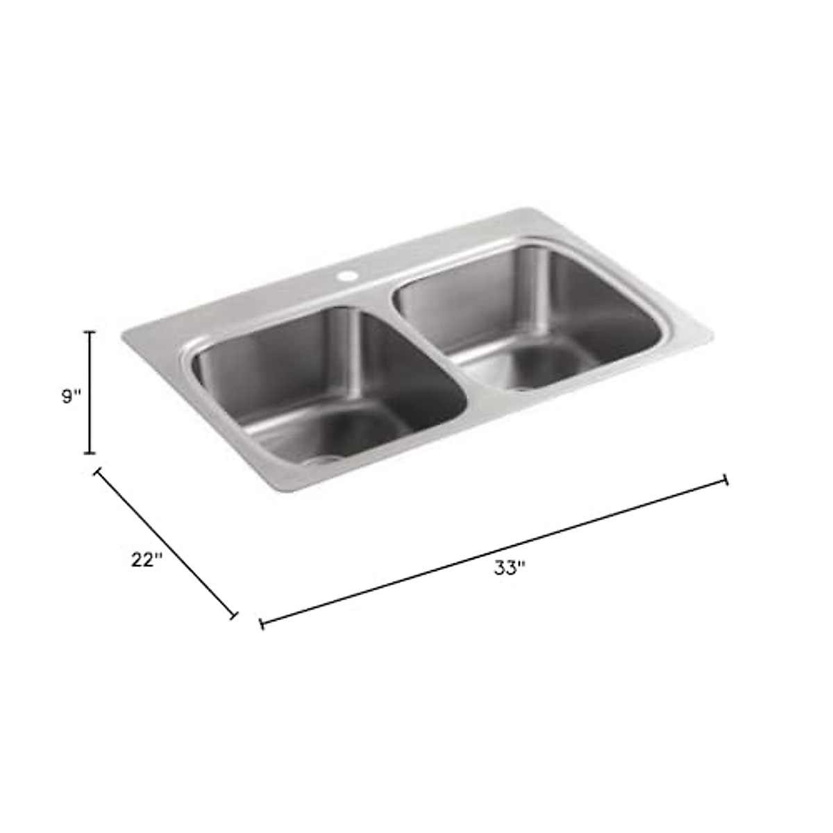 KOHLER 5267-1-NA Verse 33" X 22" X 9-1/4" Top-Mount Double-Equal Bowl Kitchen Sink With Single Faucet Hole, Stainless Steel