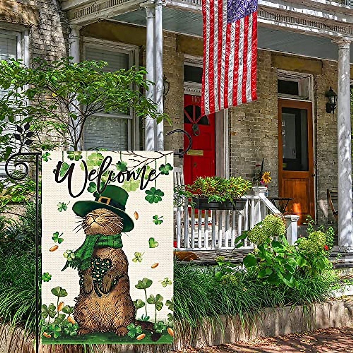 St Patricks Day Garden Flag, Welcome St. Patrick's Day Flags 12x18 Double Sided, Lucky Shamrock Cat Small Burlap Yard Flags for Farmhouse Front Porch Lawn Outdoor Saint Patricks Holiday Decor