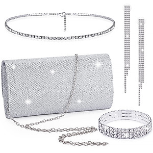 Meanplan 4 Pieces Silver Clutch Purses For Women Evening Rhinestone Purses Crystal Jewelry Set Bridal Wedding Choker Bracelet Dangle Bling Glitter Purse (Fresh Style)