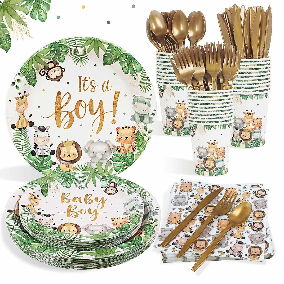 175Pcs Safari Baby Shower Decorations Plates Set, Jungle Theme Zoo Animals Plates Napkins Cups and Cutlery for 25 Guests