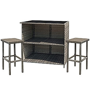 MCombo Patio Bar Set, Wicker Outdoor Table and 2 Stools, 3 Piece Patio Furniture with Storage for Poolside, Backyard, Garden, Porches 6085-1201 (Grey)