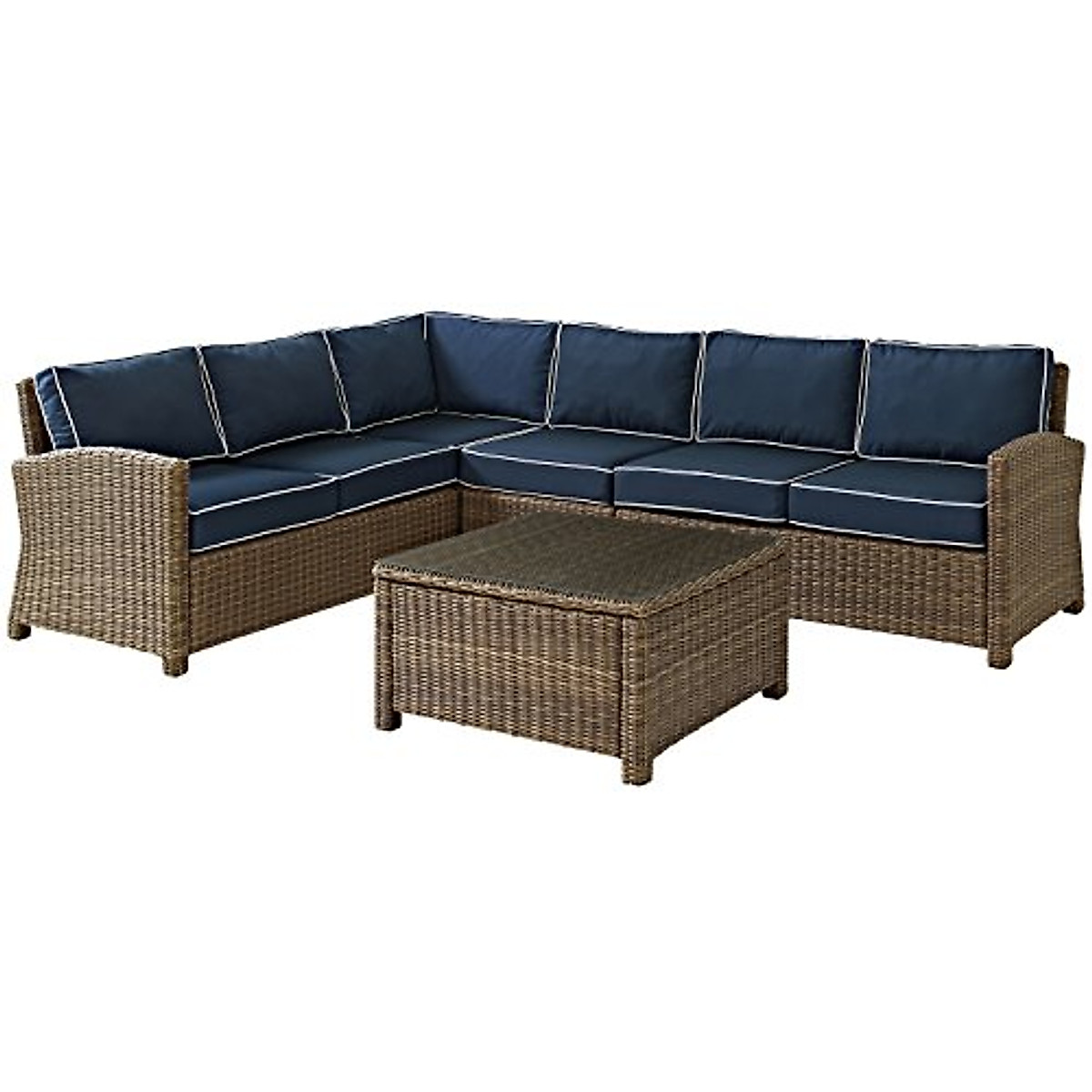Crosley Furniture Bradenton 5-Piece Outdoor Sectional Sofa Wicker Conversation Patio Furniture Set for Deck, Brown with Navy Cushions