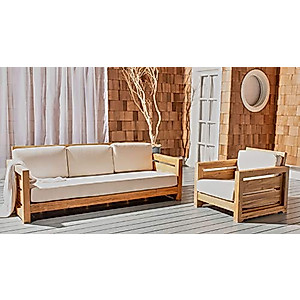 Safavieh CPT1008A Couture Guadeloupe Brazilian Teak Outdoor 3-Seat Patio Sofa, Natural/White