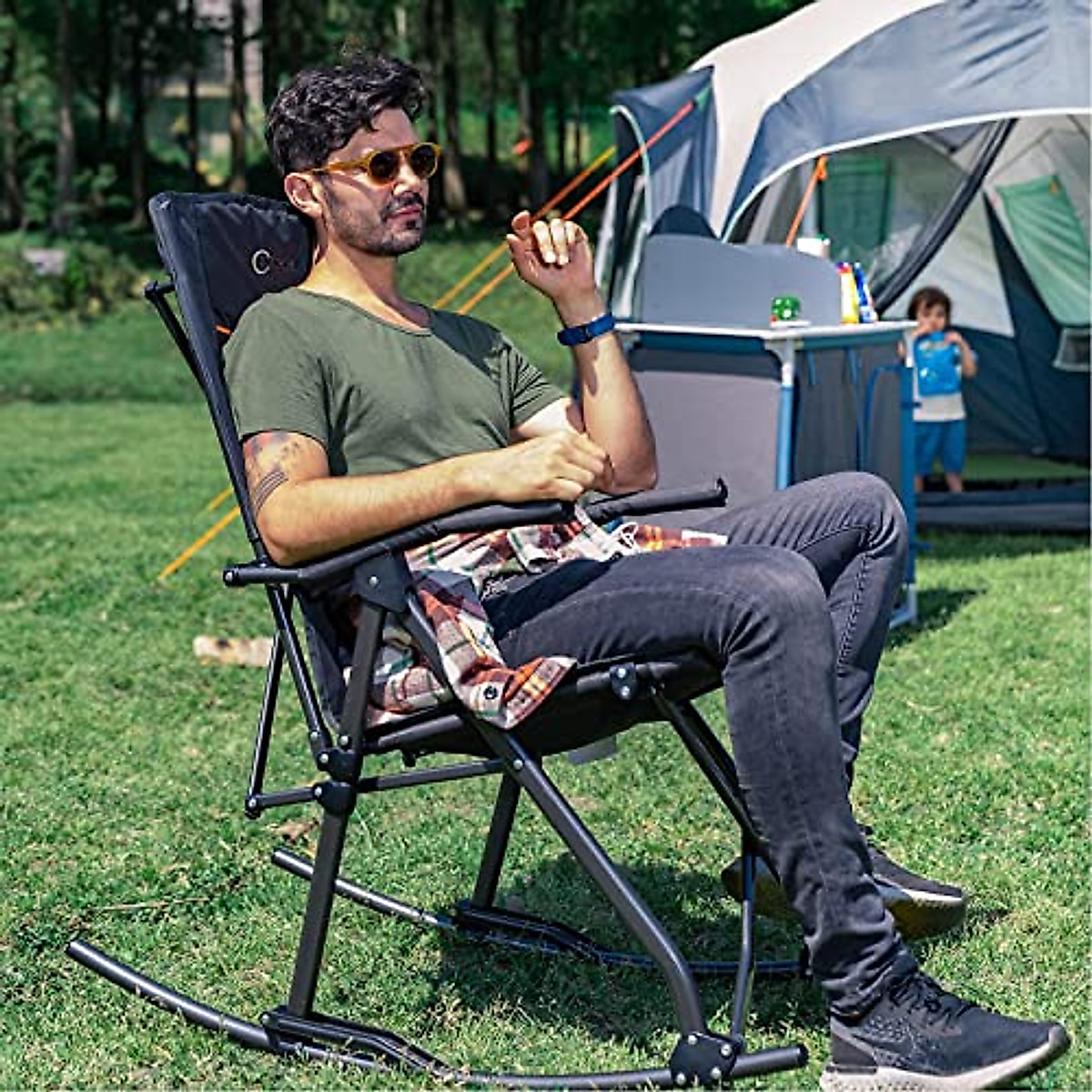 PORTAL Folding Camping Rocking Chairs Outdoor Mesh Patio Rocker Recliner Chairs with High Back Hard Armrest Support 300 lbs, Black