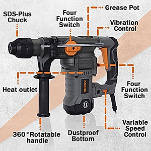 KSEIBI Variable Speed Rotary Hammer Drill 1-1/4 inch, SDS Plus Demolition Hammer for Concrete Drill 13Amp, 4 Functions Reduced Vibration System