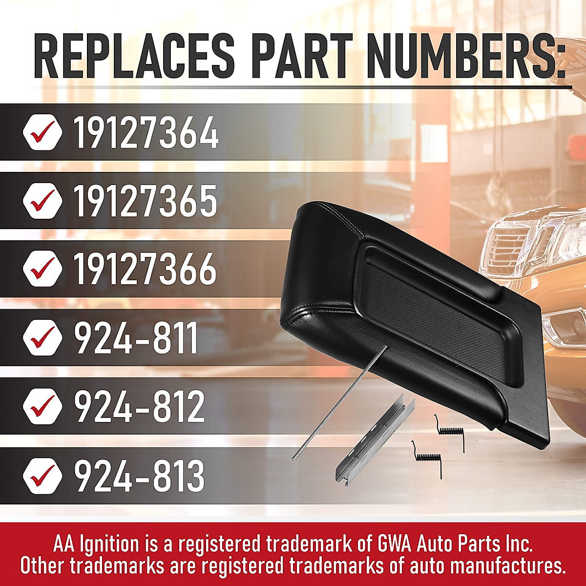 Center Console Lid Replacement Kit Black - Replaces 924-811, 19127364, 19127365, 19127366 - Compatible with Chevy, GMC & Cadillac Vehicles - Silverado, Avalanche, Tahoe, Suburban, Sierra, Yukon