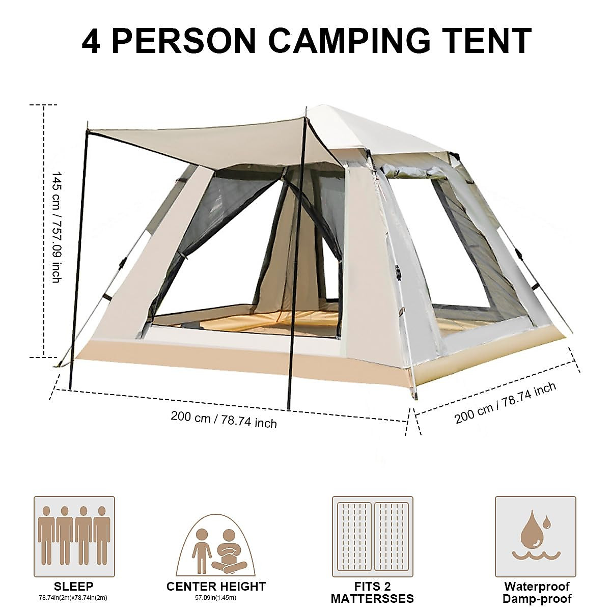 Pop Up Tents for Camping - Quick Setup Folding Tent | 2/3/4 Person Camping Tent for Hiking, Travel or Beach | Water Resistant Inflatable Tent